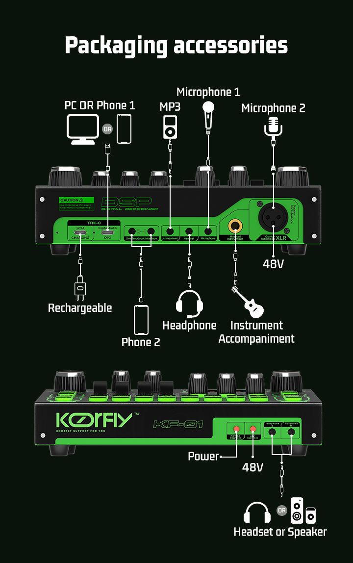 KOORFLY KF01 All in One 48V Live Sound Card Dynamic Microphone External ...