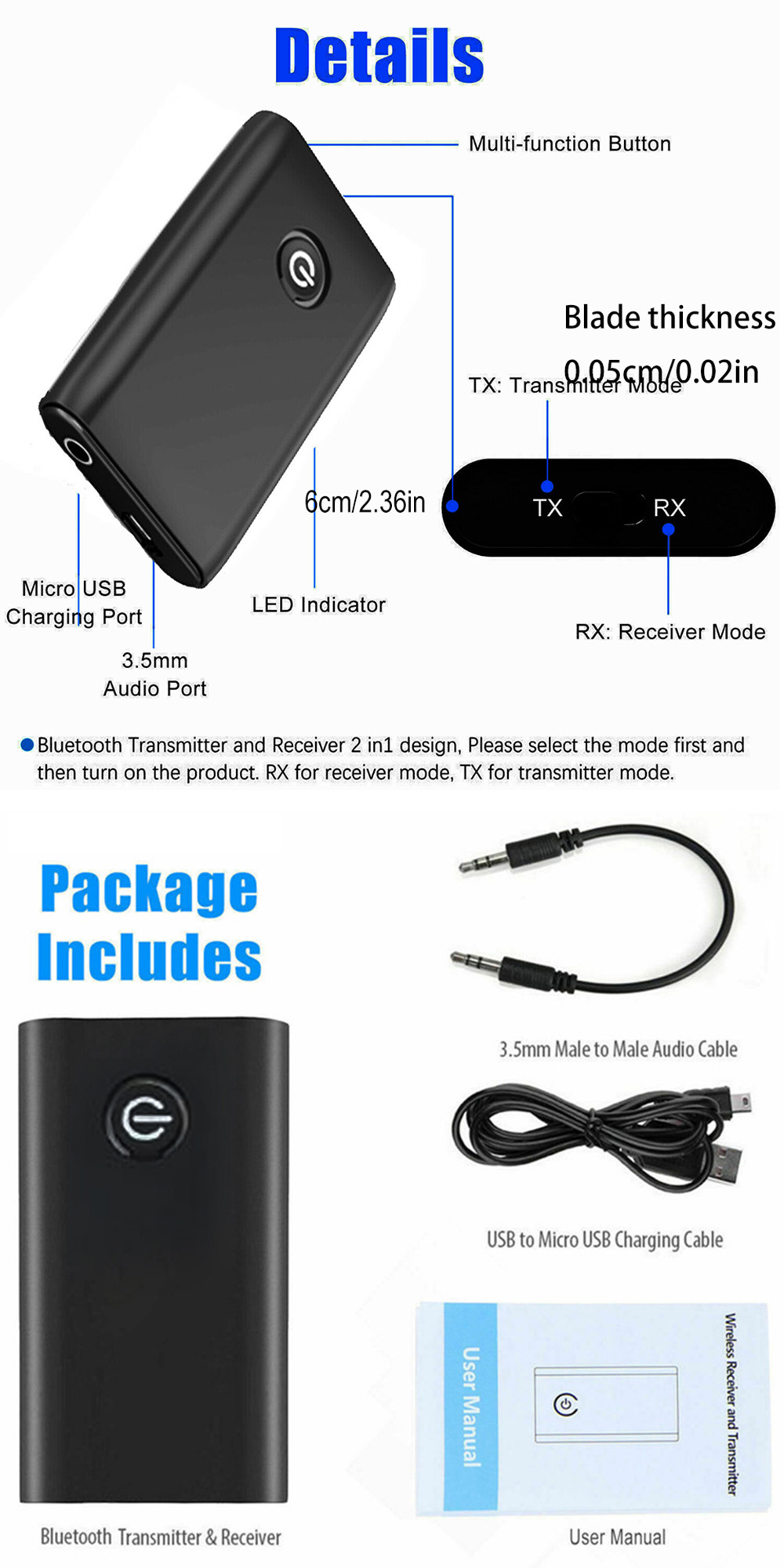 Wireless Bluetooth 5.0 Transmitter and Receiver A2DP Audio 3.5mm Jack ...