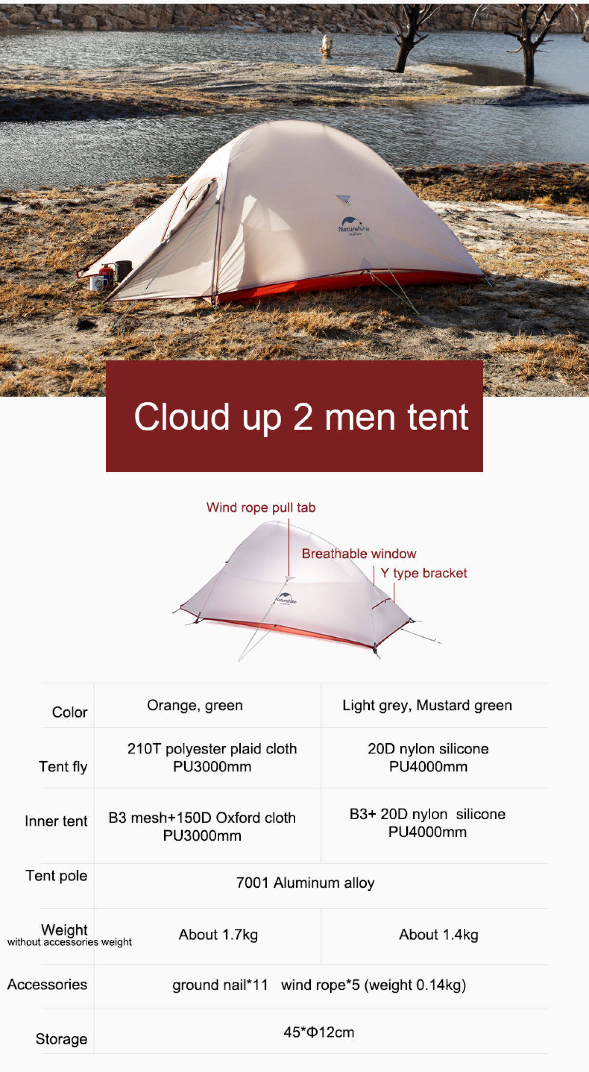 Naturehike Cloud Up 2 Tent Upgrade 2 Person Waterproof Lightweight Cycling for Camping Hiking ...