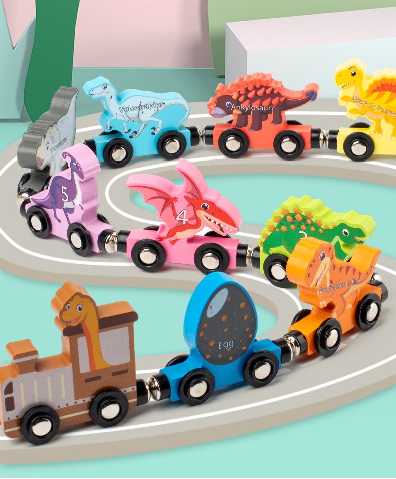 Wooden Train Set with Dinosaur Toys, Snap-Connection Dinosaur Train ...