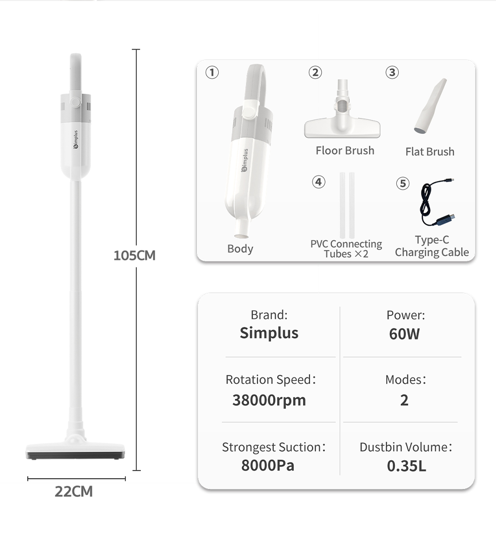 Simplus Cordless Vacuum Cleaner for Home Stick Vacuum Lightweight 3 ...