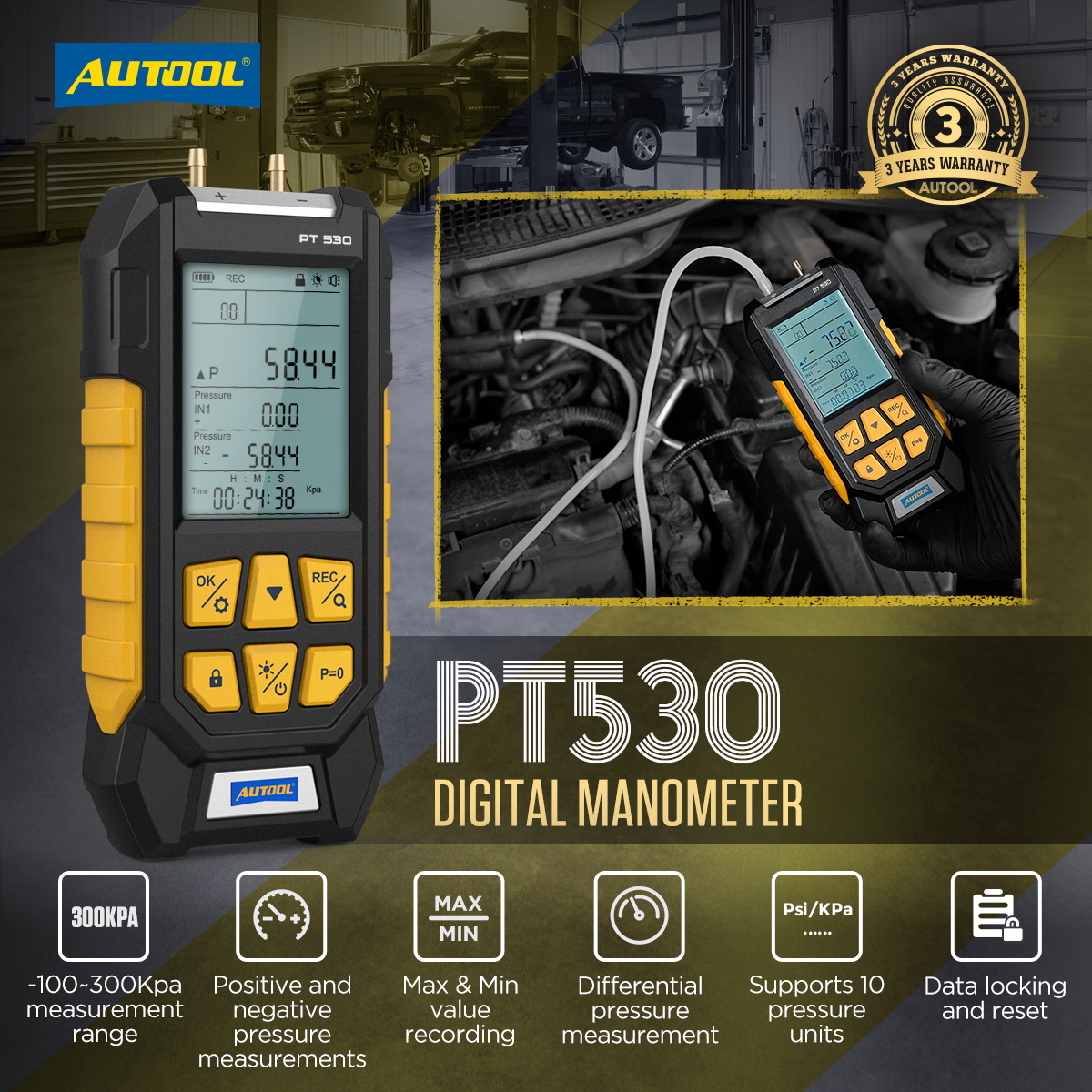 AUTOOL Digital Manometer PT530 300KPa Differential Pressure Gauge ...