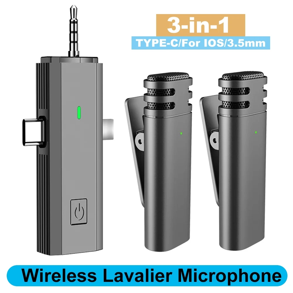 3 in 1 Wireless Lavalier Microphone Noise Reduction Dual Lapel Mic Clip ...