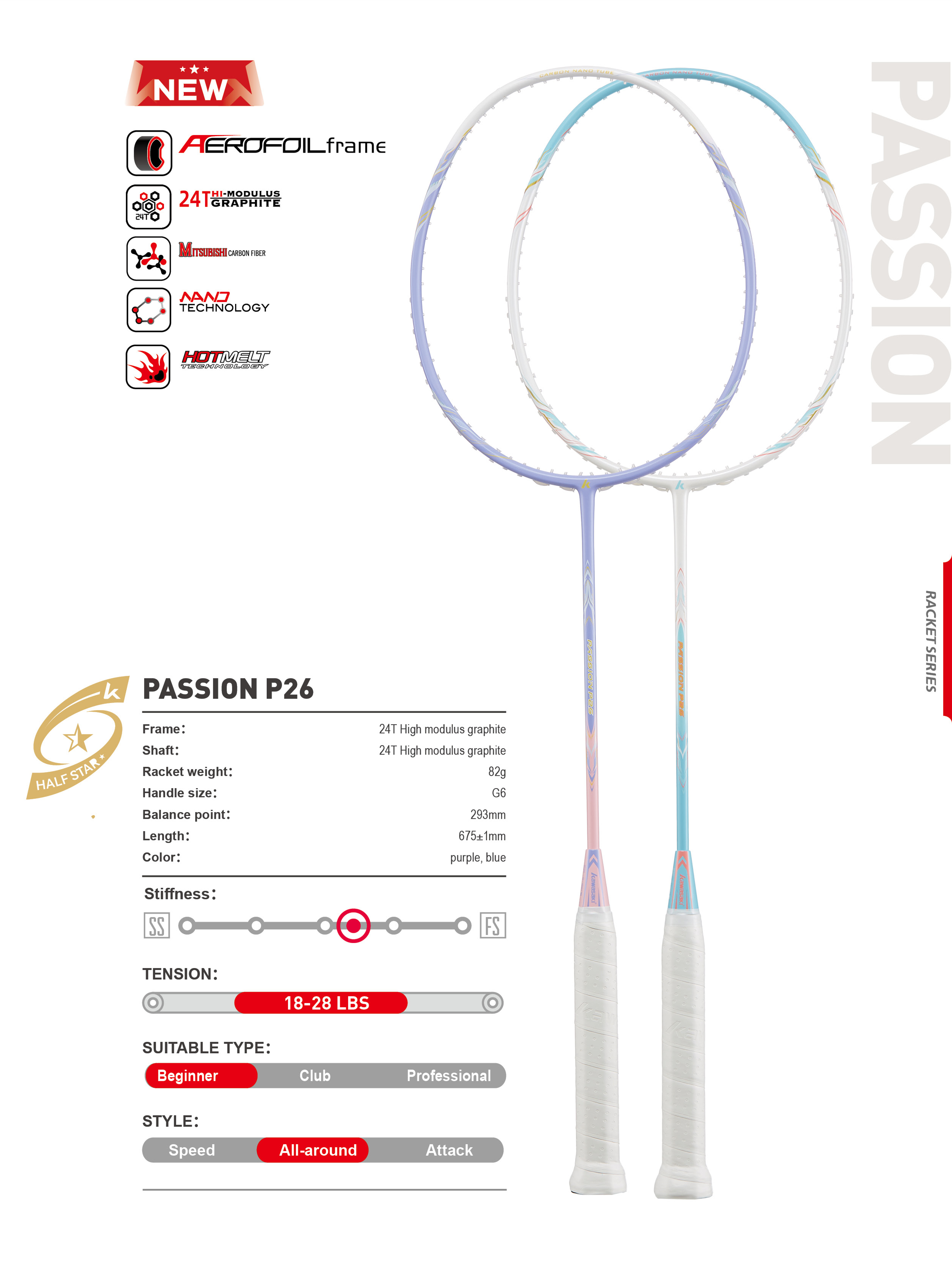 Kawasaki Badminton Racket Full Carbon PASSION P26 18-28LBS 4U For ...