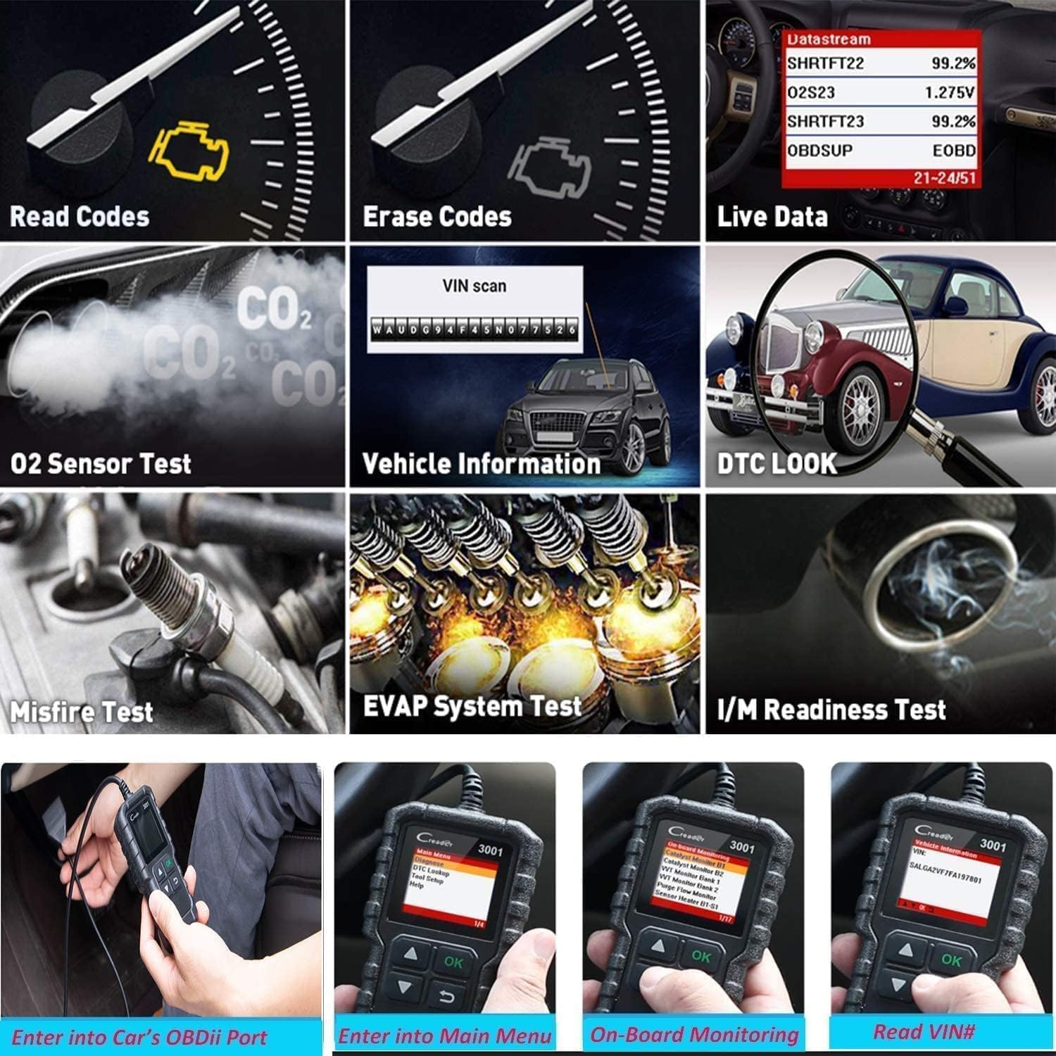 LAUNCH Creader 3001 OBD2 Scanner, Engine Fault Code Reader Mode 6 CAN ...