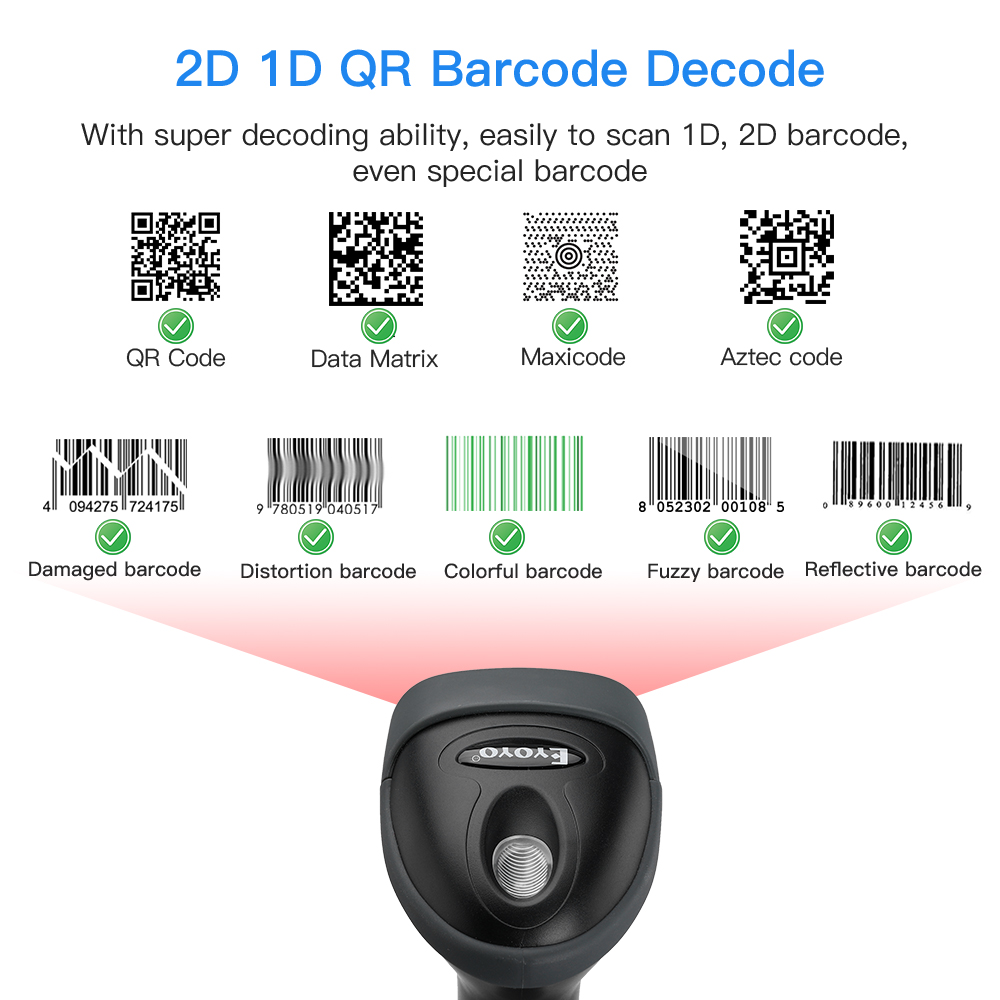 Eyoyo 1D 2D USB Wired Barcode Scanner Screen Bar Code Reader Scanning Auto-Sensing Scanning ...