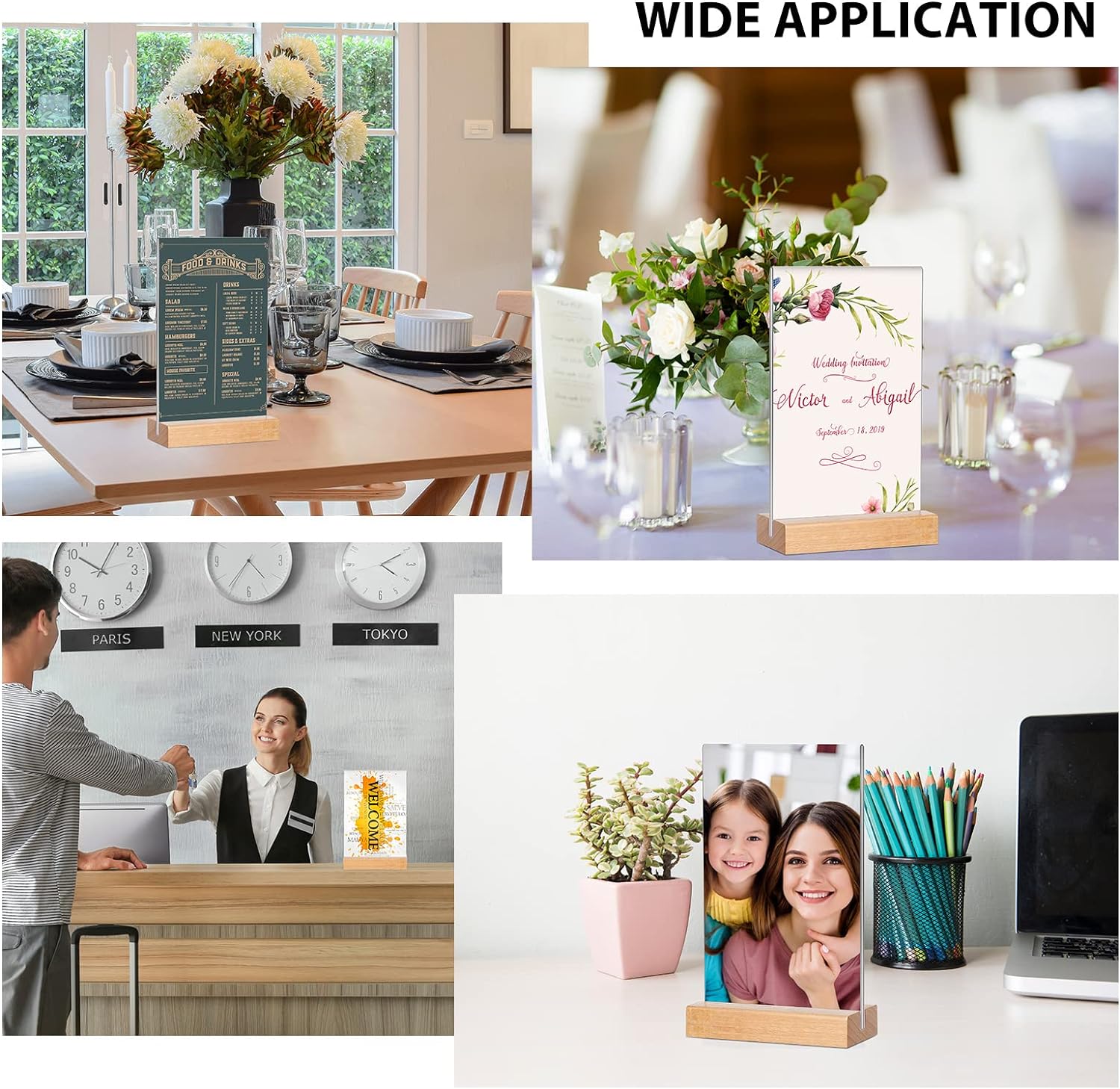 Acrylic T Shape Menu Paper Display Stand Picture Frame with Wooden Base ...