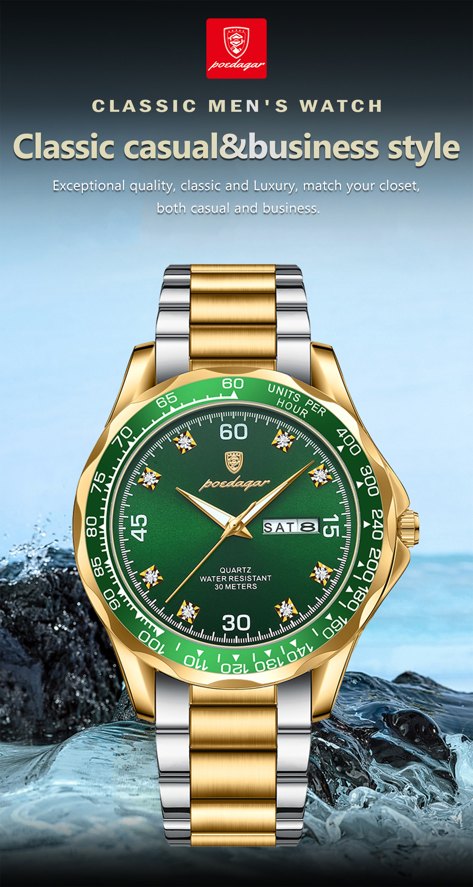 POEDAGAR Gold Watch For Men Waterproof Original Stainless Steel ...