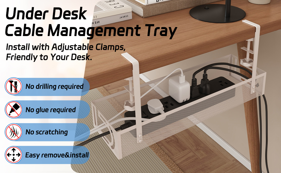 No-Drill Under Desk Cable Management Tray, Carbon Steel Cable Organizer ...