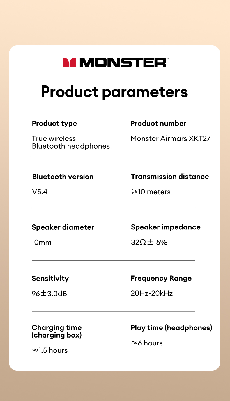 Monster XKT27 Bluetooth 5.4 Earphones HD Call Noise Reduction Large ...