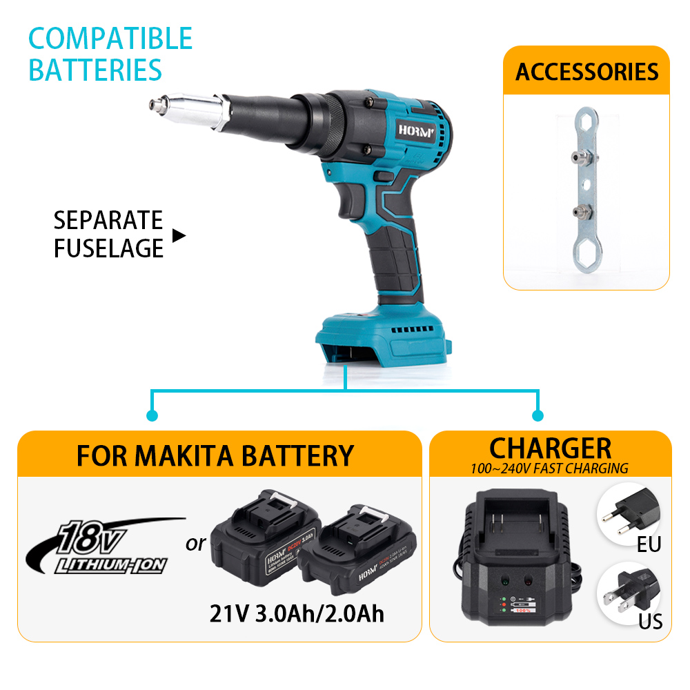 HORMY Electric Rivet Gun Brushless Wireless Rivet Nut Gun Power ...