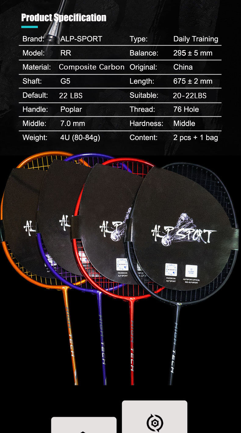 ALPSPORT RR 4U 22LBS G5 Black Badminton Racket Original Design Carbon ...