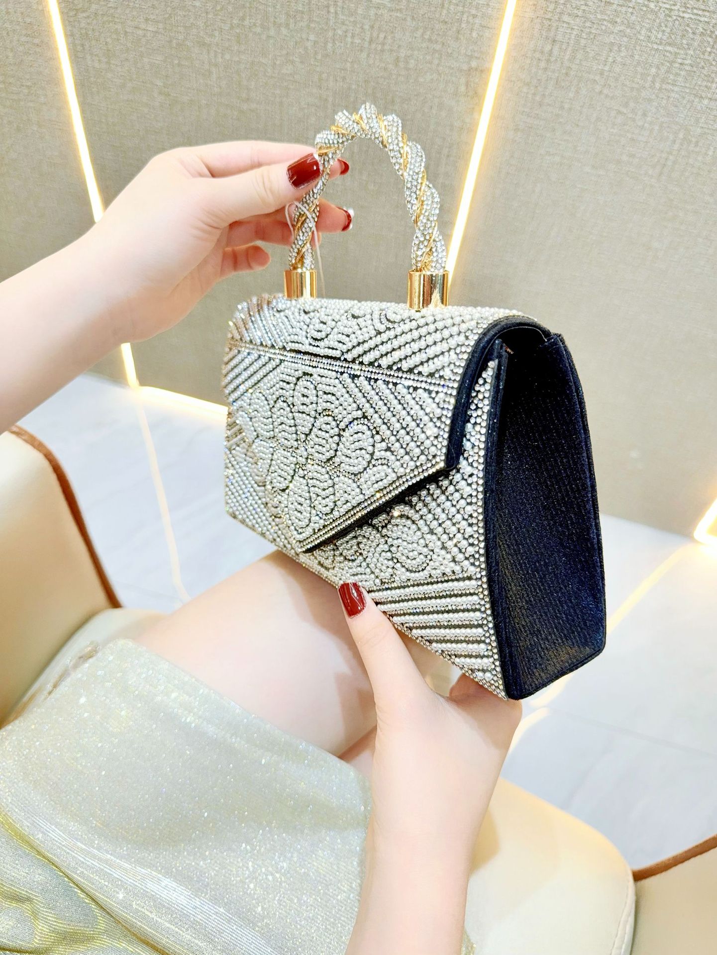 handbag Fashion Retro Full Diamond Pearl Chain Small Square Bag Dinner ...