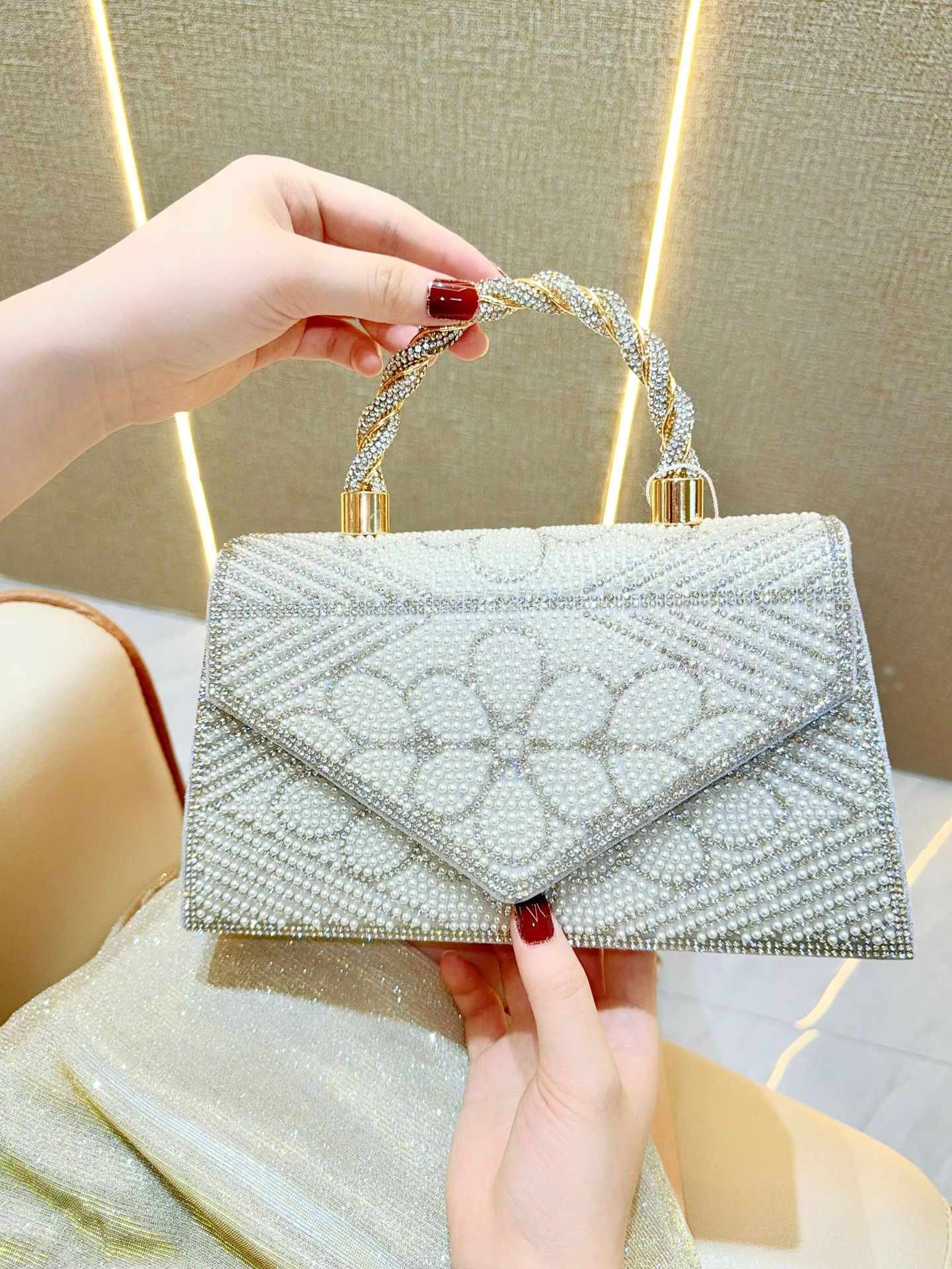 handbag Fashion Retro Full Diamond Pearl Chain Small Square Bag Dinner ...