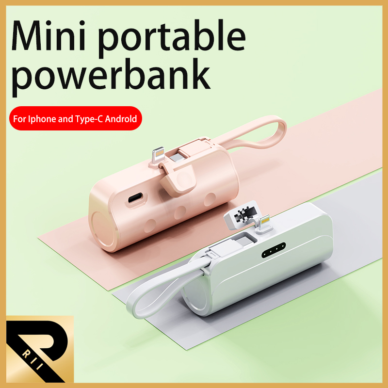 RII 2in1 5000mAh Mini Portable Power Bank w/ Built-in Cable FOR Type-C ...