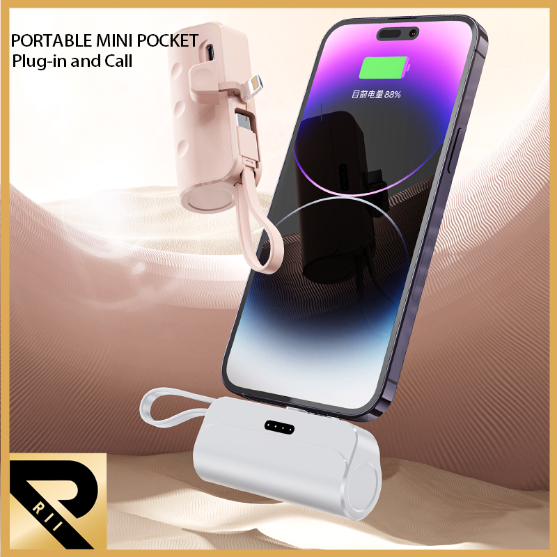 RII 2in1 5000mAh Mini Portable Power Bank w/ Built-in Cable FOR Type-C ...