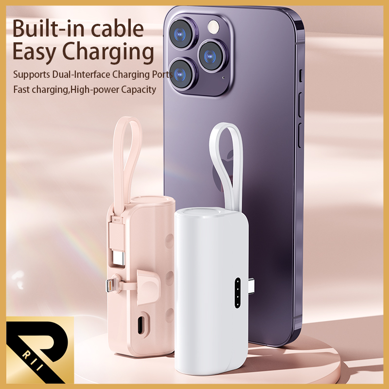RII 2in1 5000mAh Mini Portable Power Bank w/ Built-in Cable FOR Type-C ...