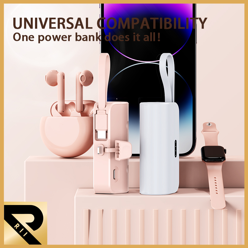 RII 2in1 5000mAh Mini Portable Power Bank w/ Built-in Cable FOR Type-C FOR iPhone Port ...
