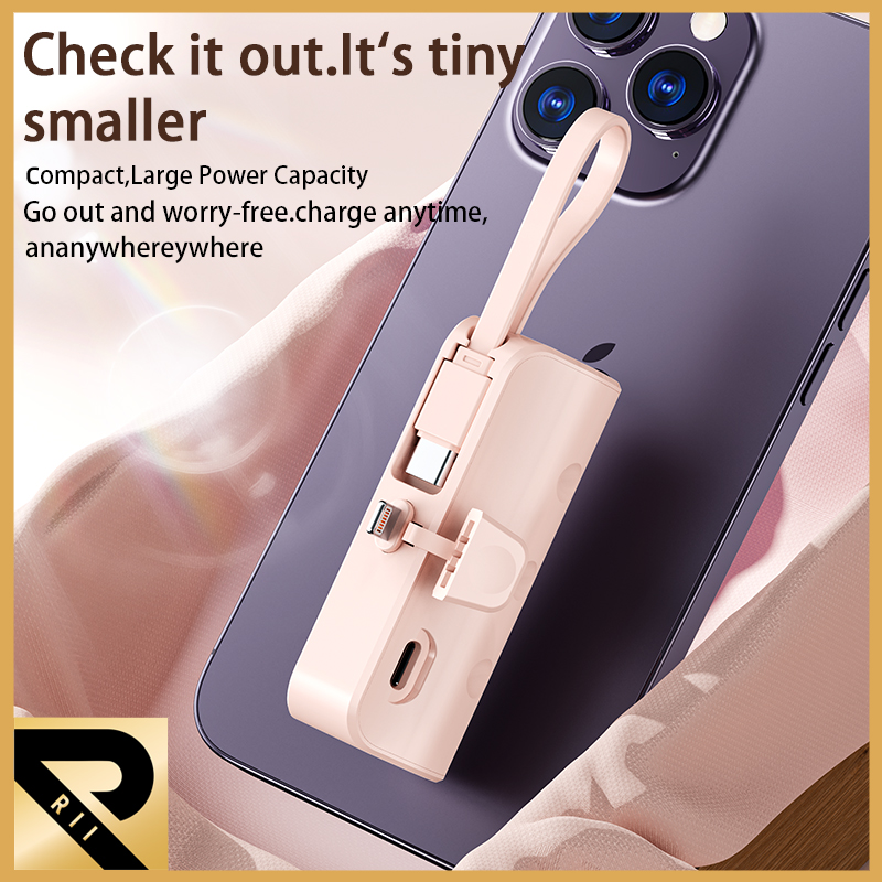 RII 2in1 5000mAh Mini Portable Power Bank w/ Built-in Cable FOR Type-C ...