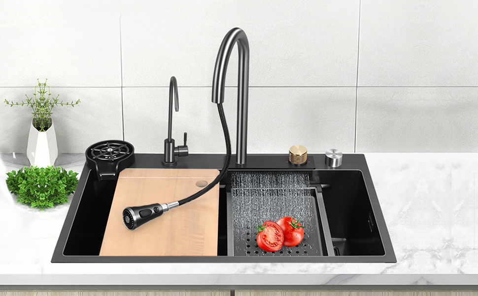 on hand! kitchen sink SUS304 stainless steel sink with waterfall pull ...