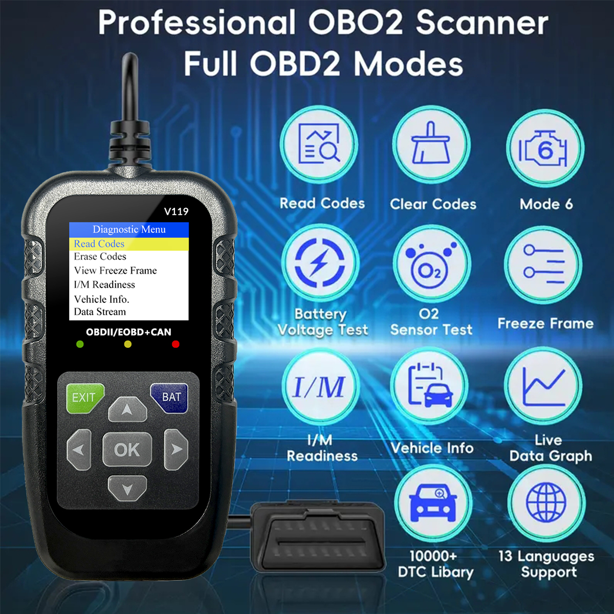 Car OBD2 Scanner Diagnostic Tool Reader, Car Voltage Tester Engine ...