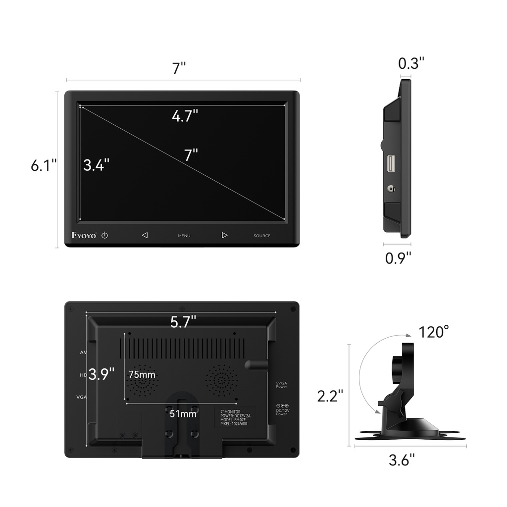Eyoyo 7 inch/10 inch Monitor, 1024x600 Small IPS HDMI Monitor, HDMI VGA ...