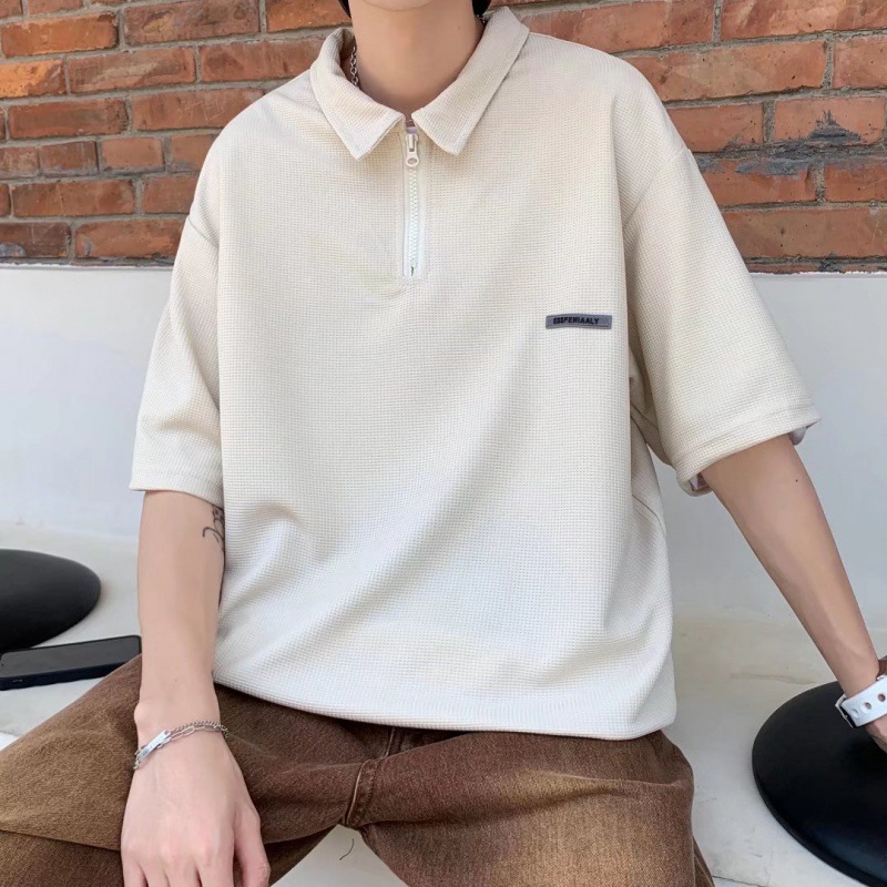 WQ Korean style Zipper POLO Shirt POLO Neck Short Sleeve T-shirt Men's ...