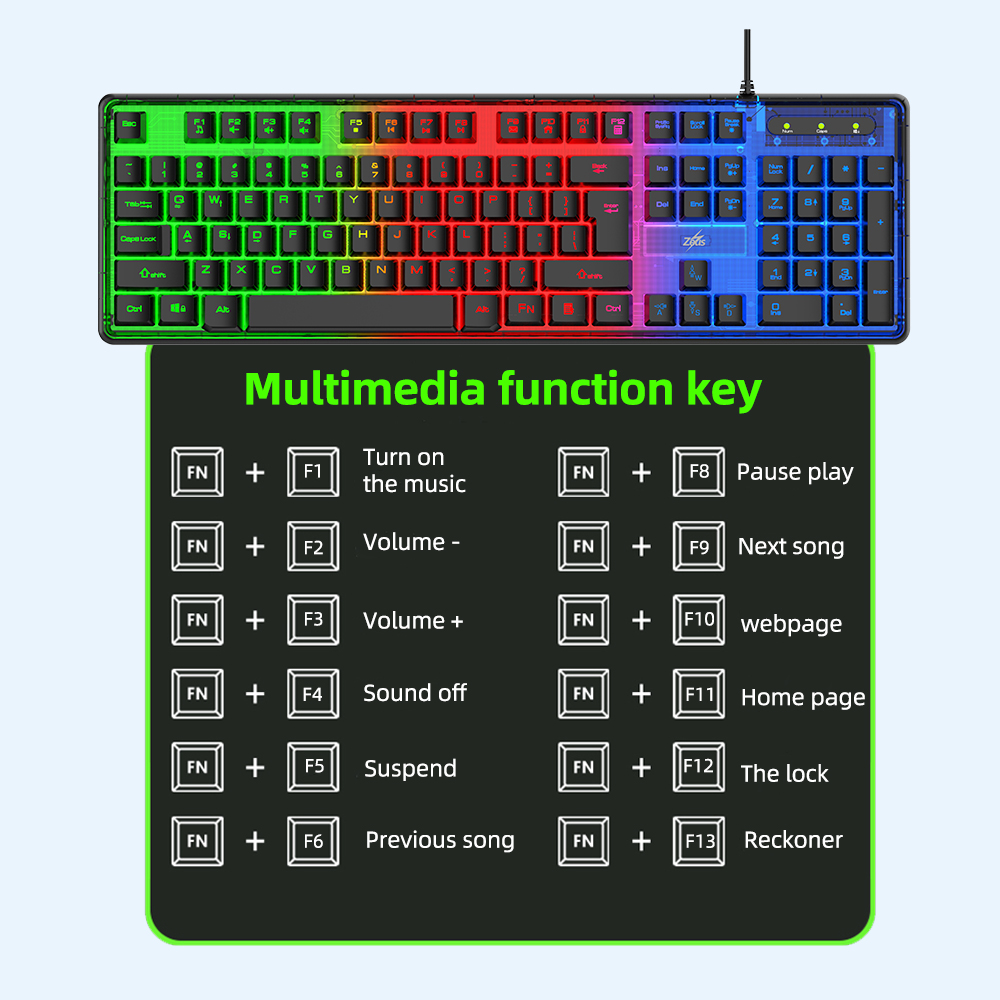 Zeus K-988 Transparent Cover Rainbow Backlit Gaming Keyboard with ...