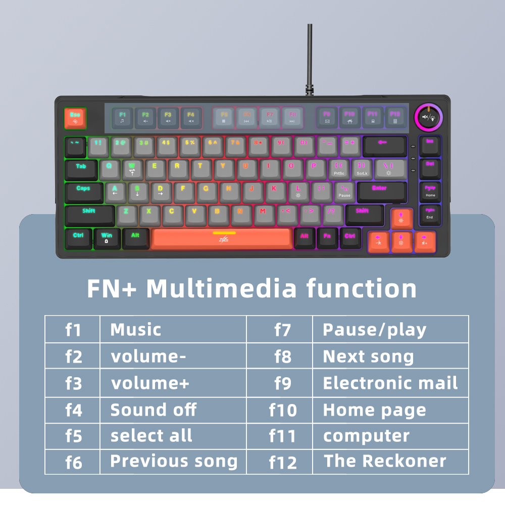 Zeus GD-88 Hot Swappable Mechanical Gaming Keyboard Wired 82 Keys Color Backlit With Volume Knob ...