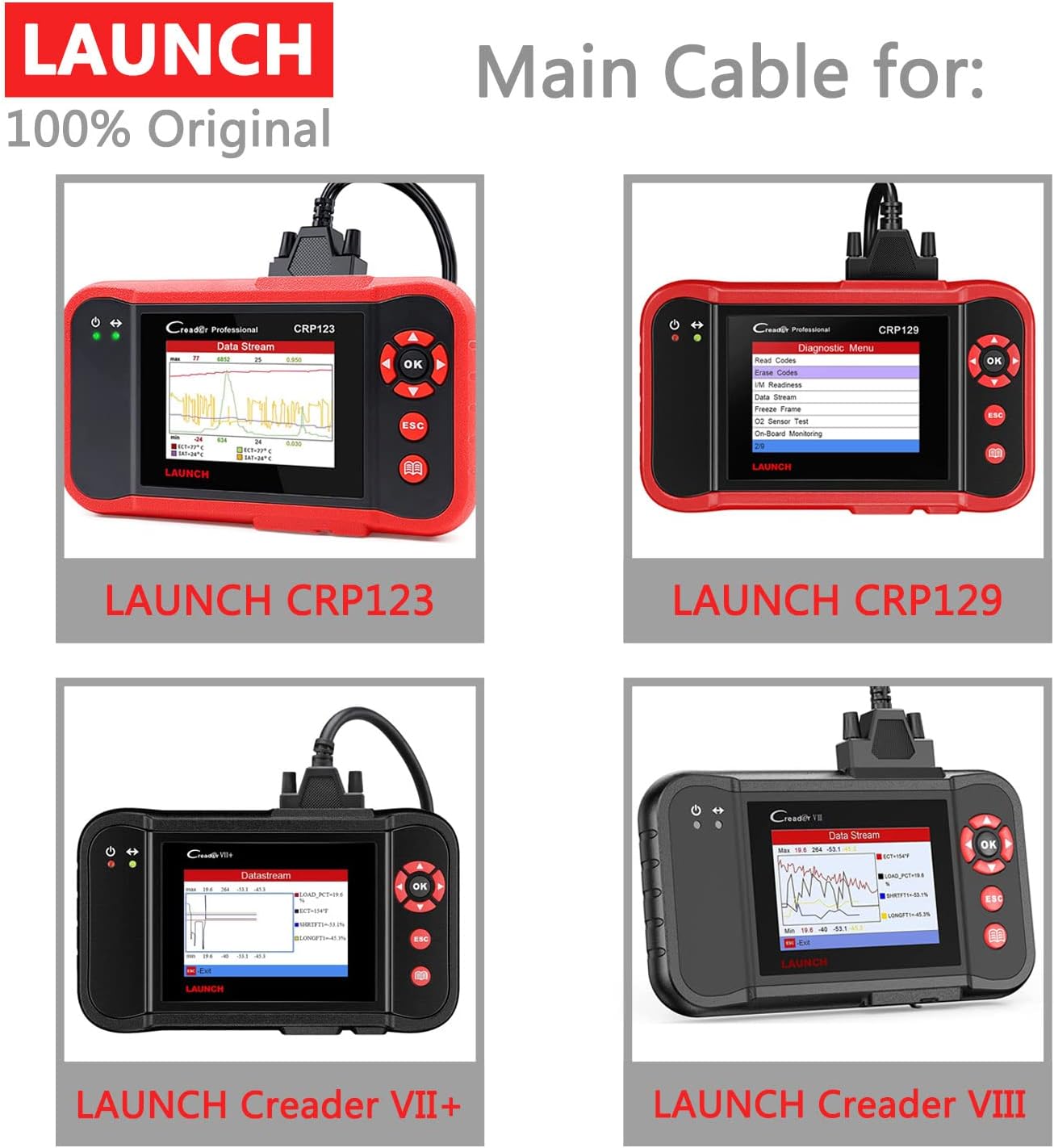 LAUNCH 100% Original Main Cable for LAUNCH CRP123, CRP129, Creader VII+ ...