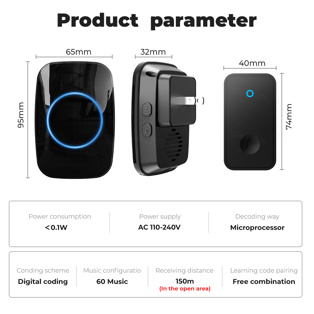 SMATRUL CACAZI 60 ringtones Self Powered Waterproof Wireless DoorBell ...