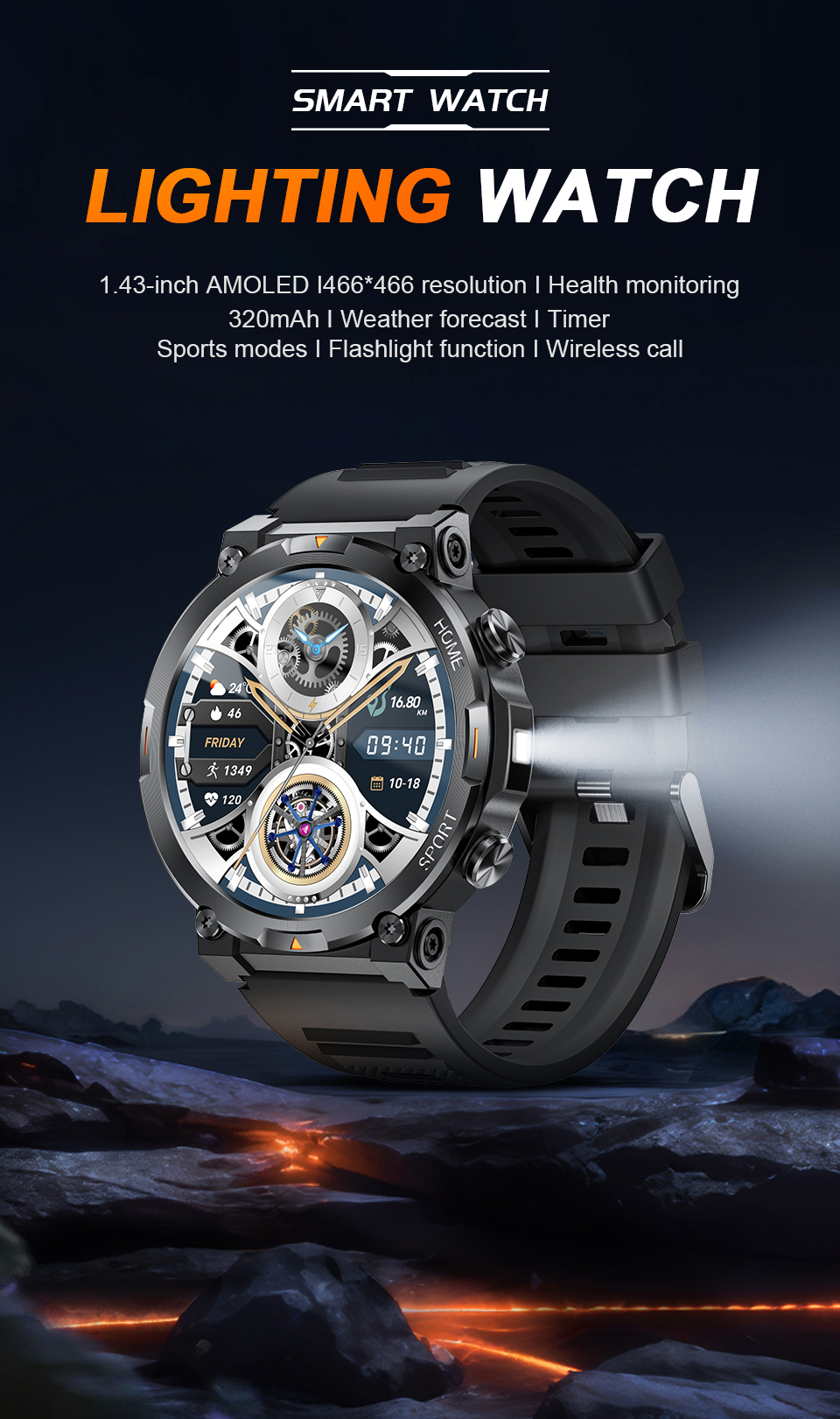 LIGE AMOLED Smart Watch Men Flashlight Bluetooth Call 1.43inch Full Touch Health Monitor ...