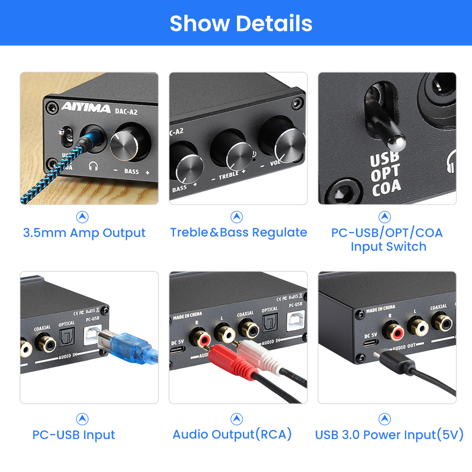 AIYIMA DAC-A2 Headphone Amplifier DAC with Bass Treble Controls PC-USB/Optical/Coaxial Inputs ...