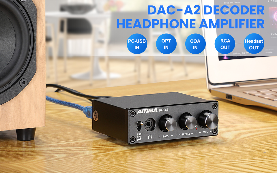 AIYIMA DAC-A2 Headphone Amplifier DAC with Bass Treble Controls PC-USB/Optical/Coaxial Inputs ...