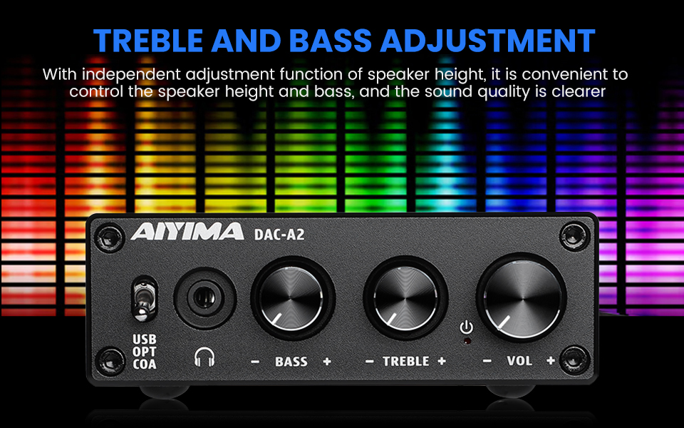 AIYIMA DAC-A2 Headphone Amplifier DAC with Bass Treble Controls PC-USB/Optical/Coaxial Inputs ...