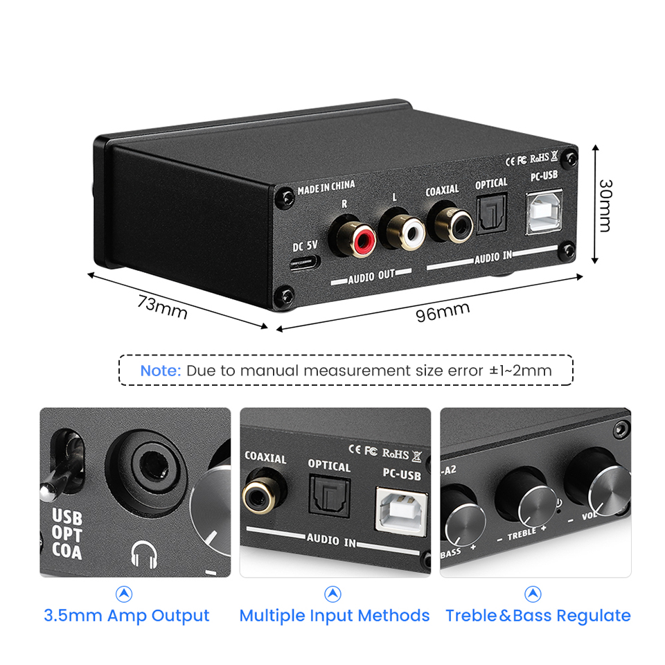 AIYIMA DAC-A2 Headphone Amplifier DAC with Bass Treble Controls PC-USB/Optical/Coaxial Inputs ...