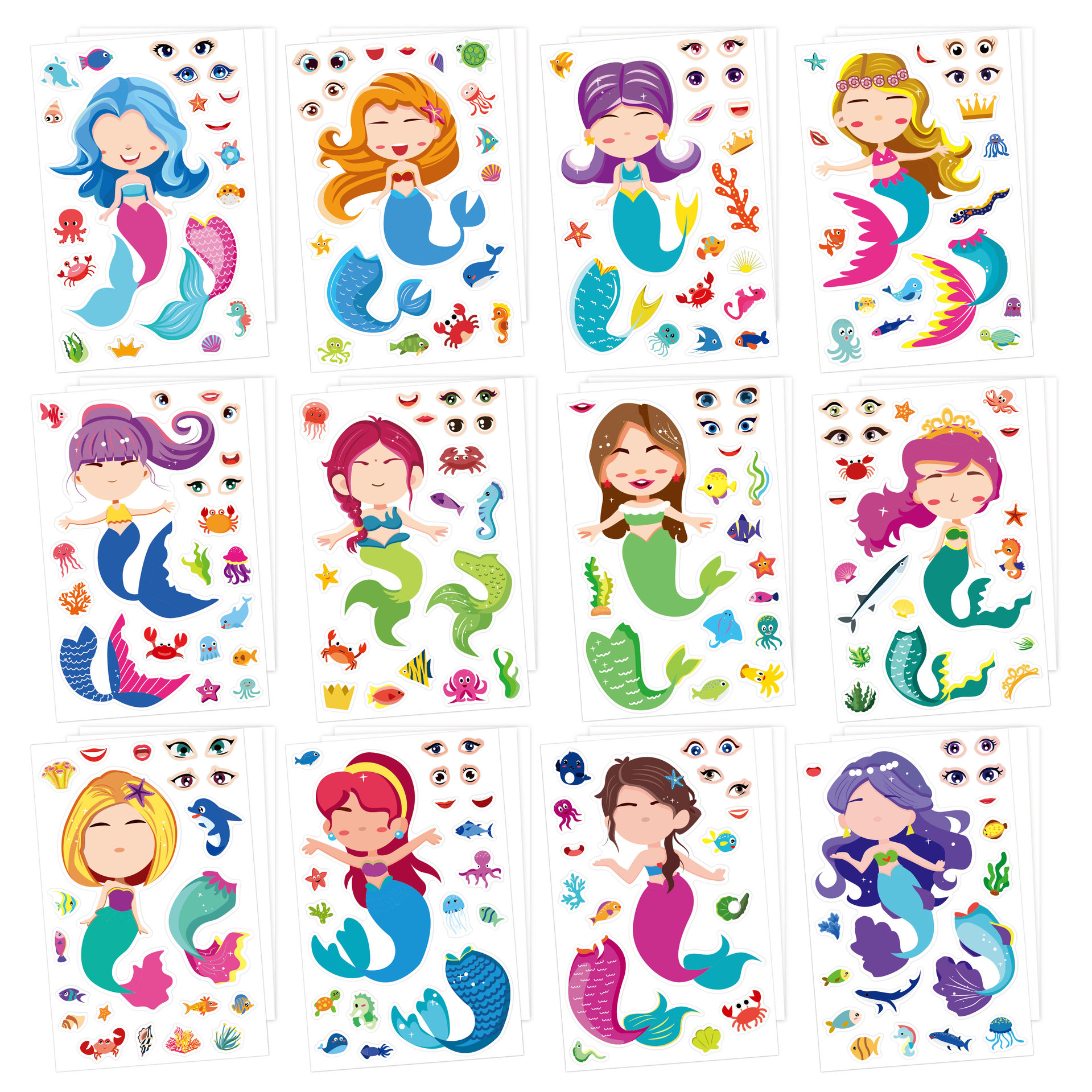 36 Sheets Make Your Own Mermaid Princess Stickers Make A Face Stickers ...