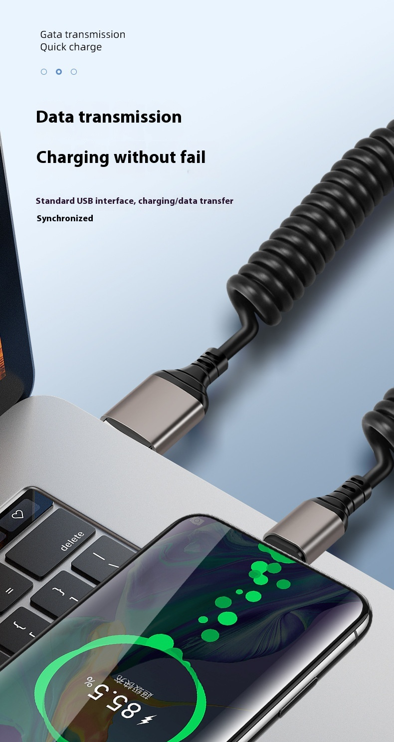 66W Coiled Spring Retractable Cable For ios 15 Type C Carplay 1.8M USB ...