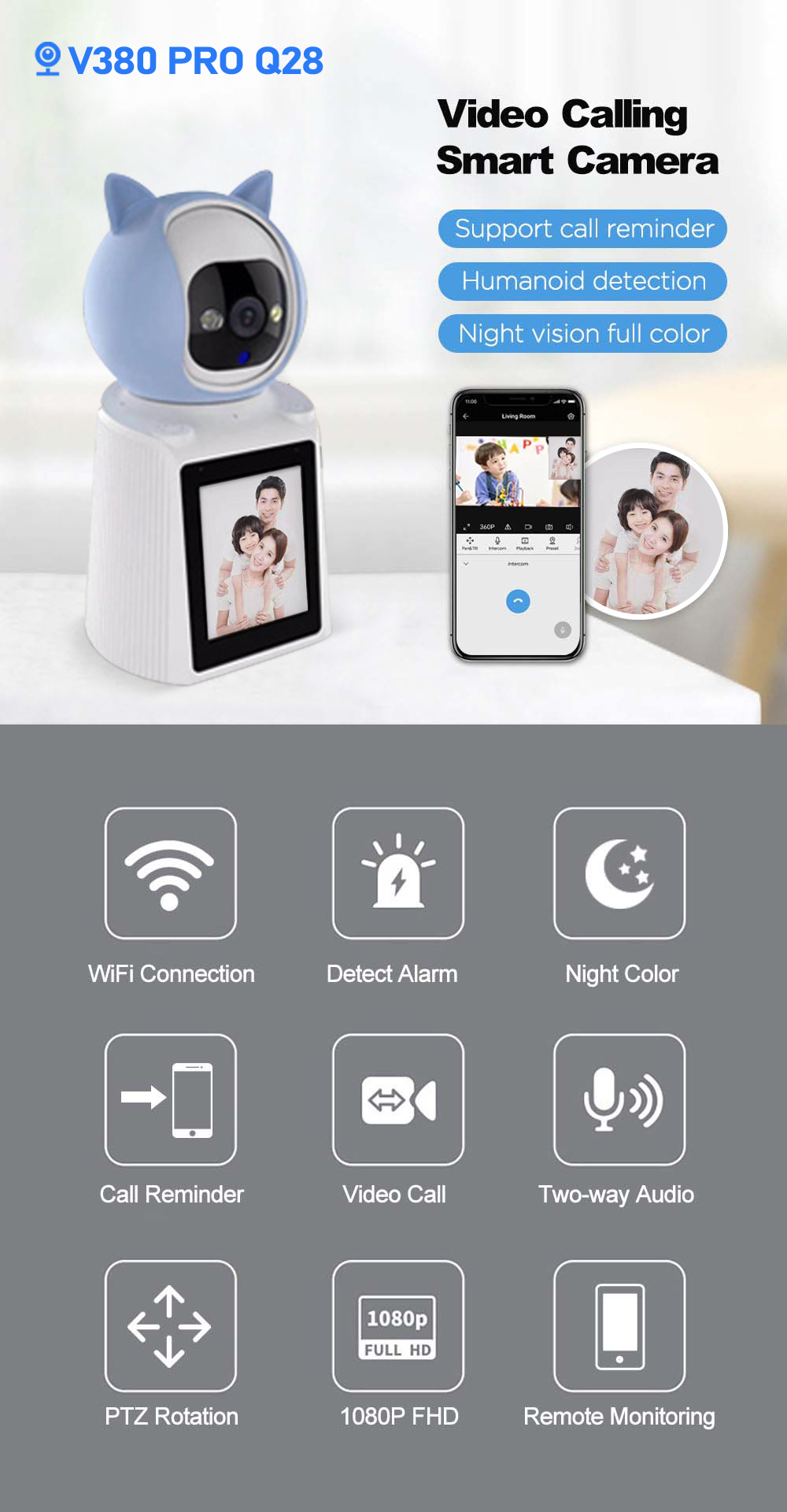 V380 PRO Q28 Video Calling Smart Camera CCTV with LCD Screen Video Call ...