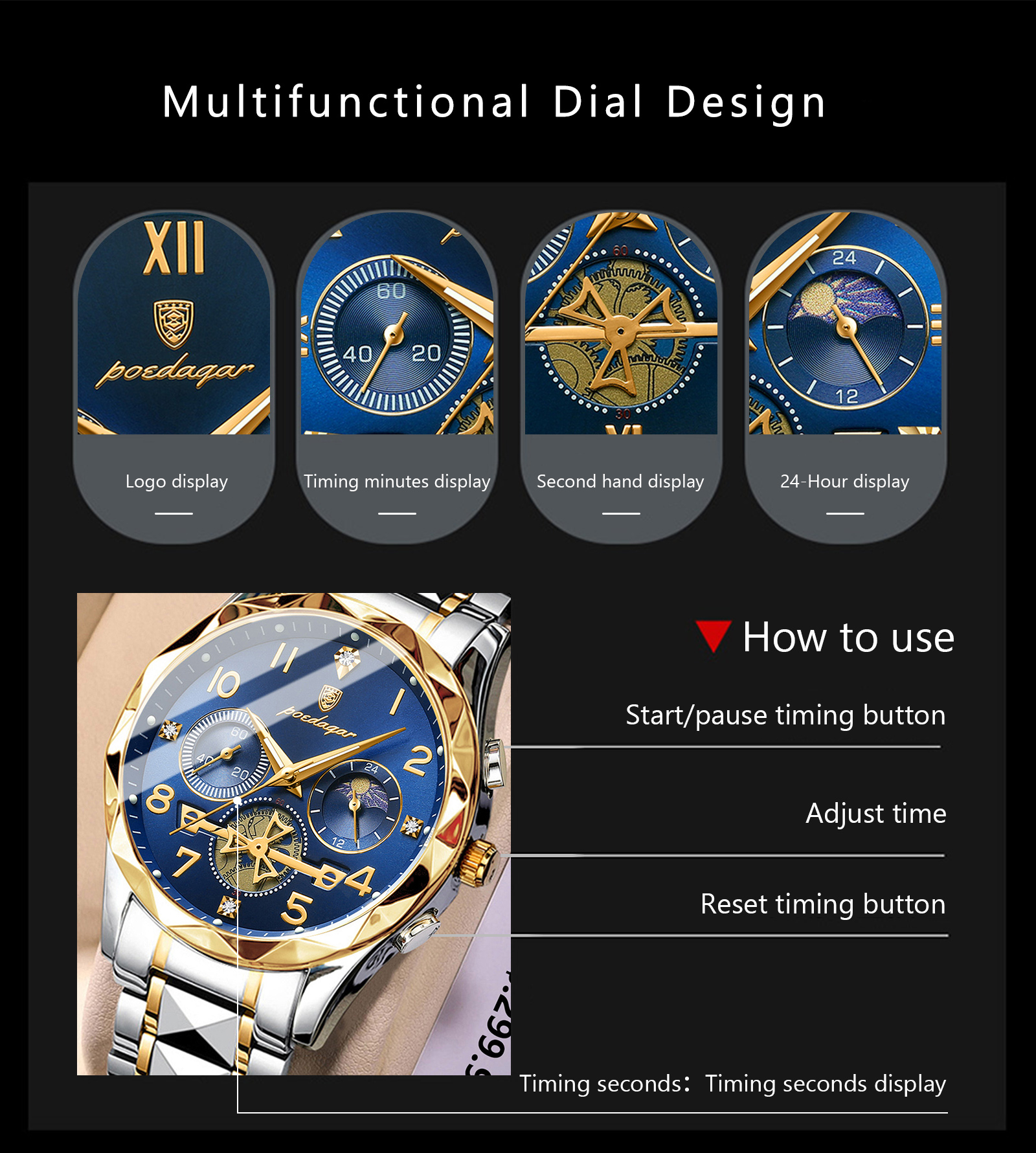 POEDAGAR Gold Watch For Men Waterproof Original Luxury Luminous ...