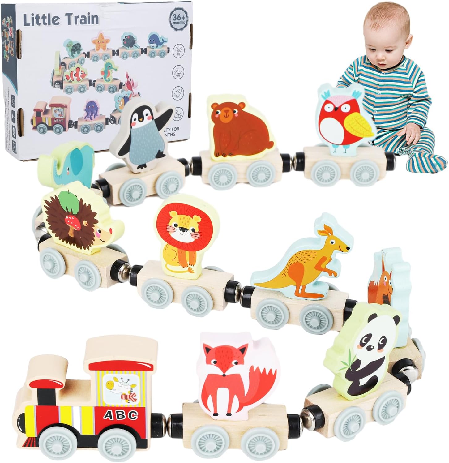 Montessori Wooden Magnetic Train Toys Car Cartoon Set Early Educational ...