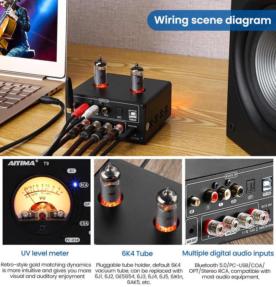 AIYIMA T9 Audio Bluetooth 5.0 Vacuum Tube Amplifier USB DAC Stereo Receiver COAX/OPT HiFi Home ...