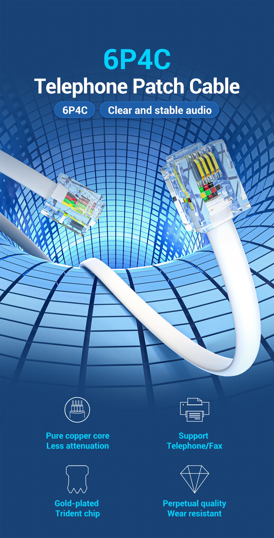 VENTION Flat 6P4C Telephone Patch Cable White IQB Designed for ...