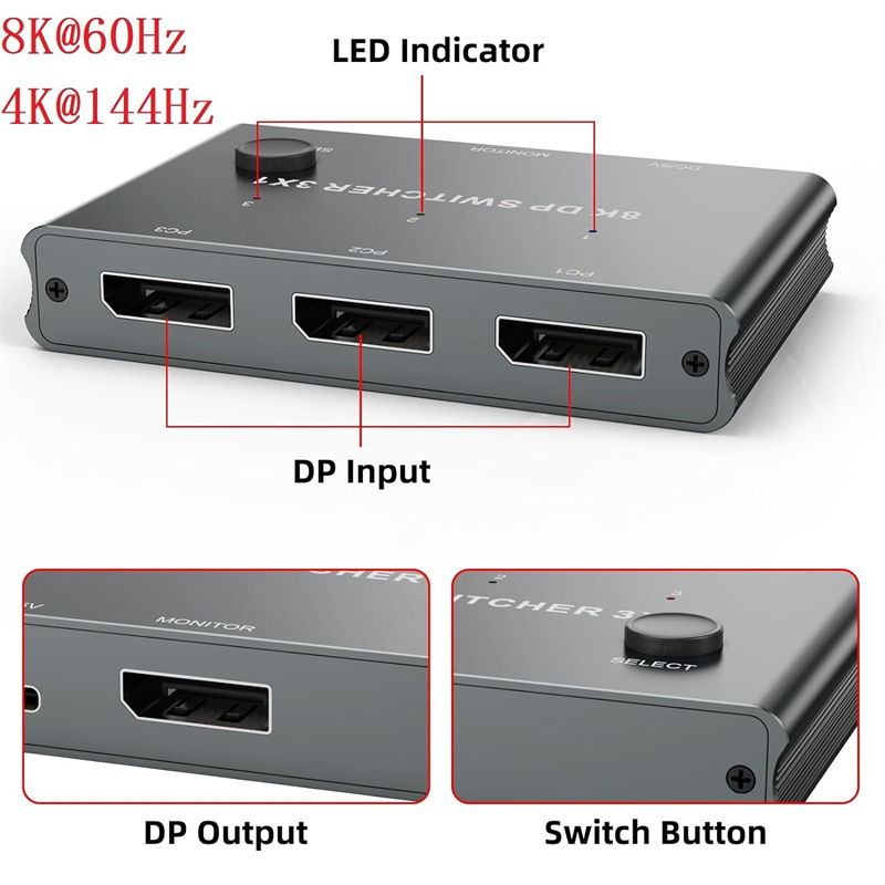 8K Display Port Switch 3 in 1 Out DP Switches Splitter Selector Box with Button Support 8K@60Hz ...