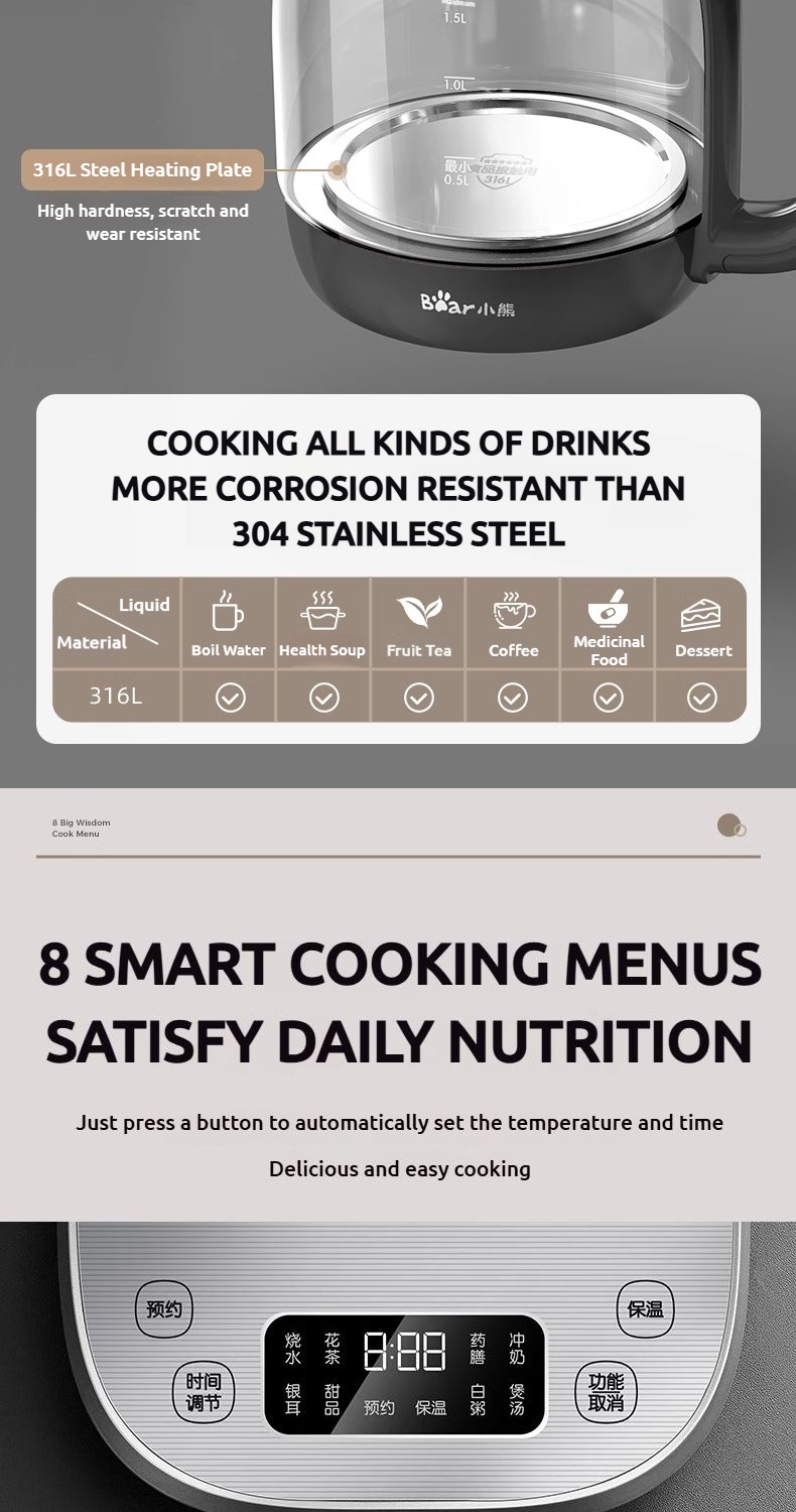 Bear Electric Kettle Water Heater Tea Pot With Strainer Multi Cooker Smart Health Pot Portable ...