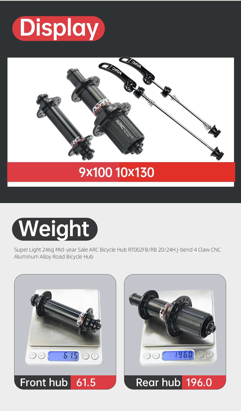 ARC RT002FB/RB 20/24 Holes Super Light Road Bike Hub 100mm/130mm V ...