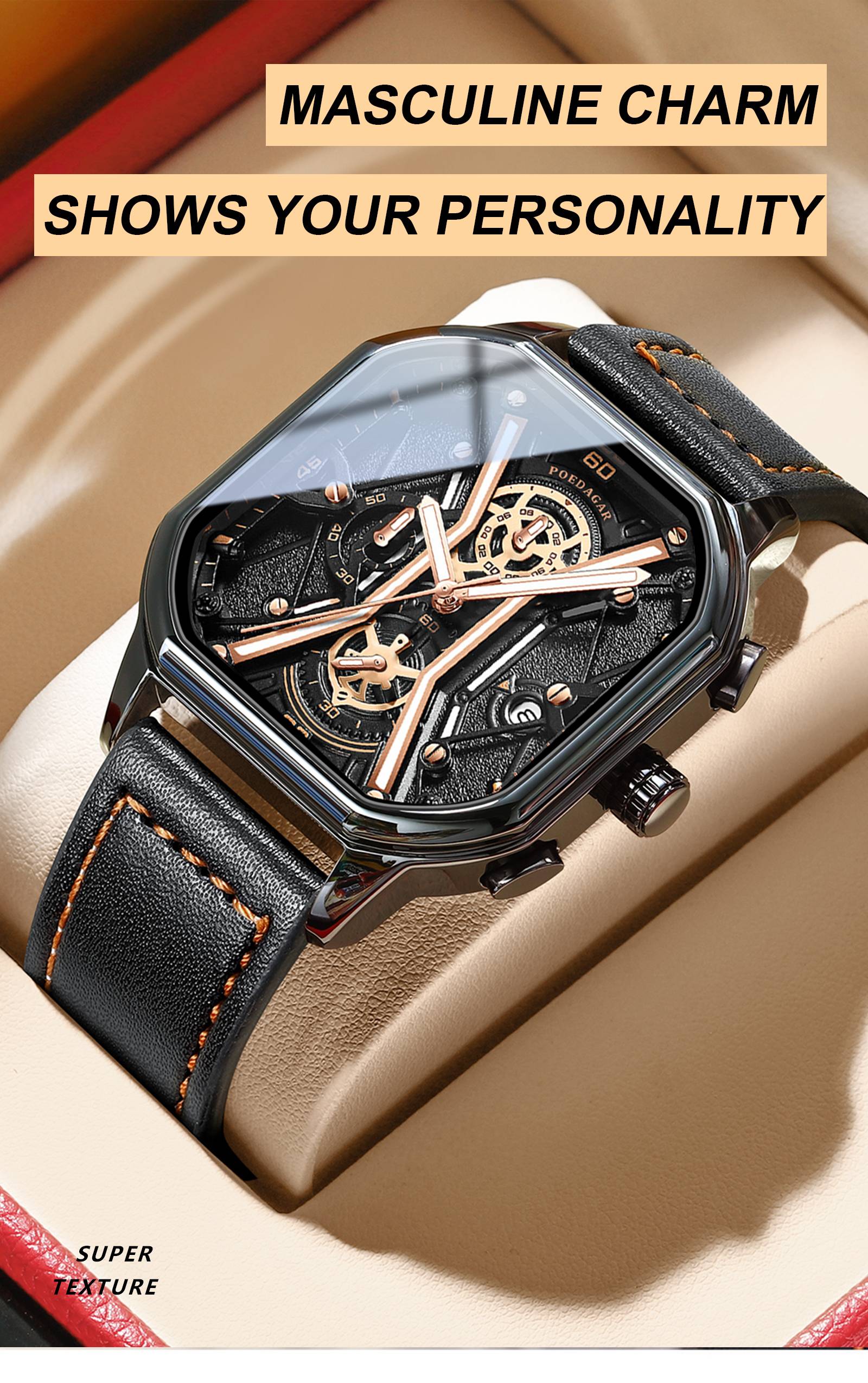 POEDAGAR Genuine Men's Watch Leather Strap Luminous Calendar Waterproof ...