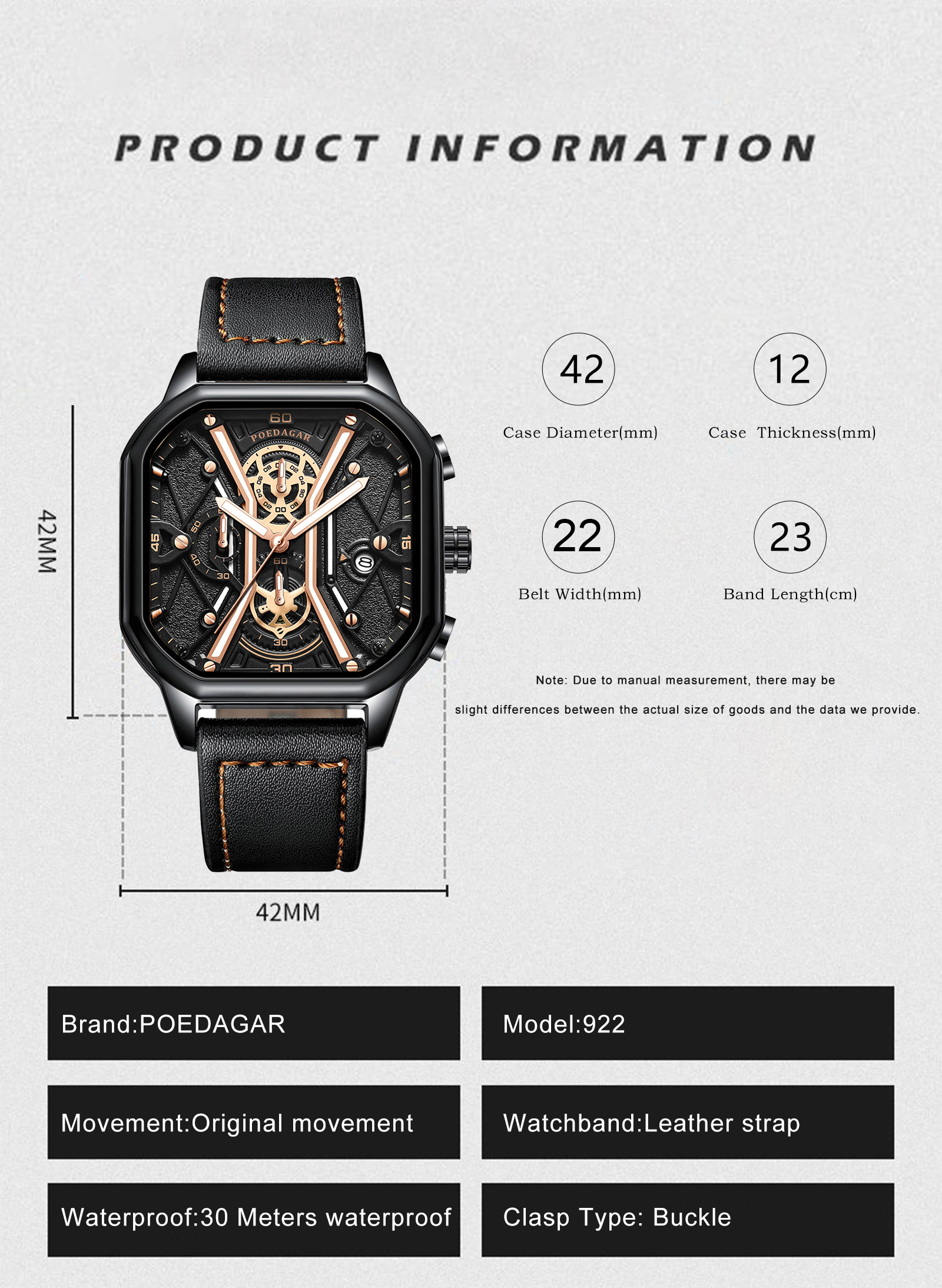 POEDAGAR Genuine Men's Watch Leather Strap Luminous Calendar Waterproof ...