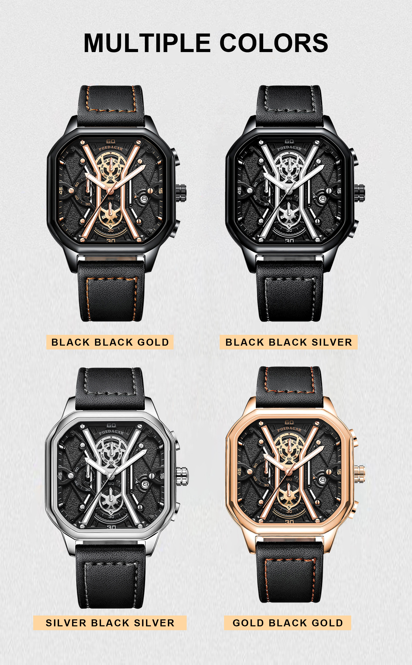 POEDAGAR Genuine Men's Watch Leather Strap Luminous Calendar Waterproof ...