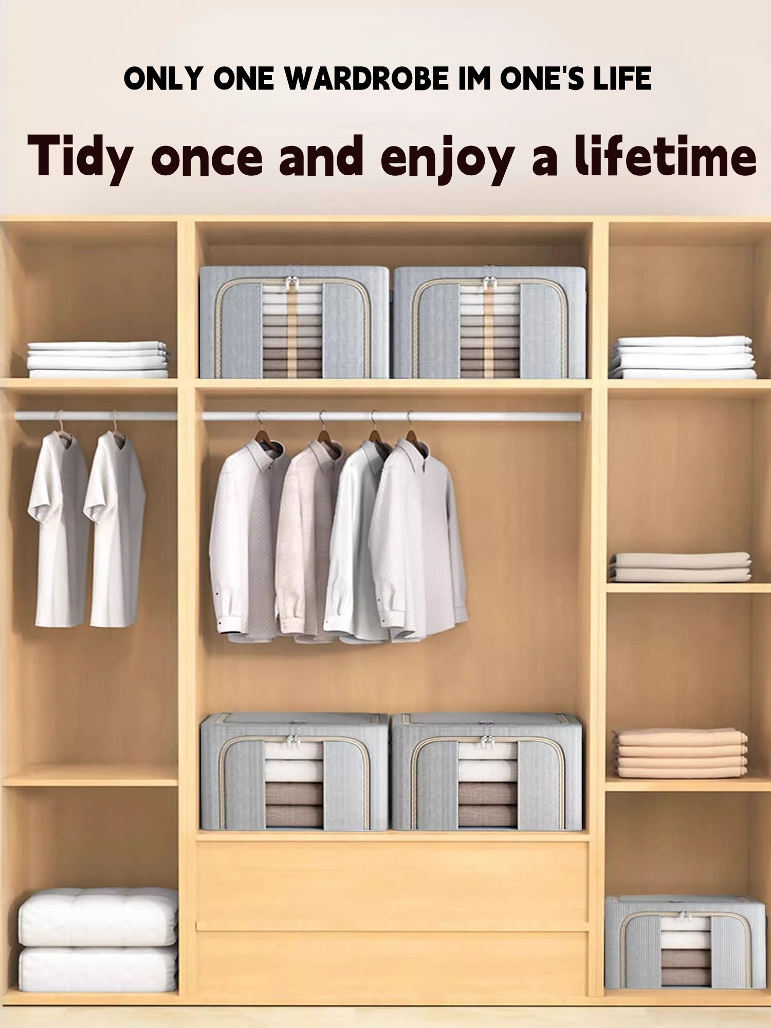100L Fabric Collapsible Stackable Clothing Storage Box with Zipper ...